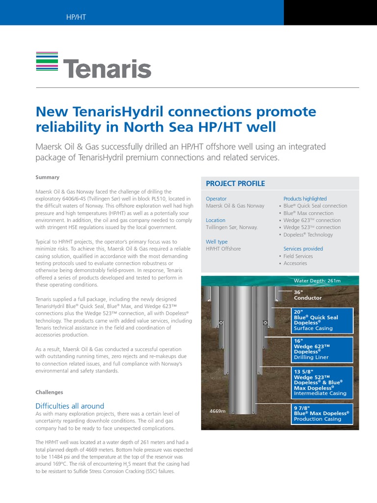 Cs Tenarishydril Connections In North Sea Hp Ht Well Pdf Drilling