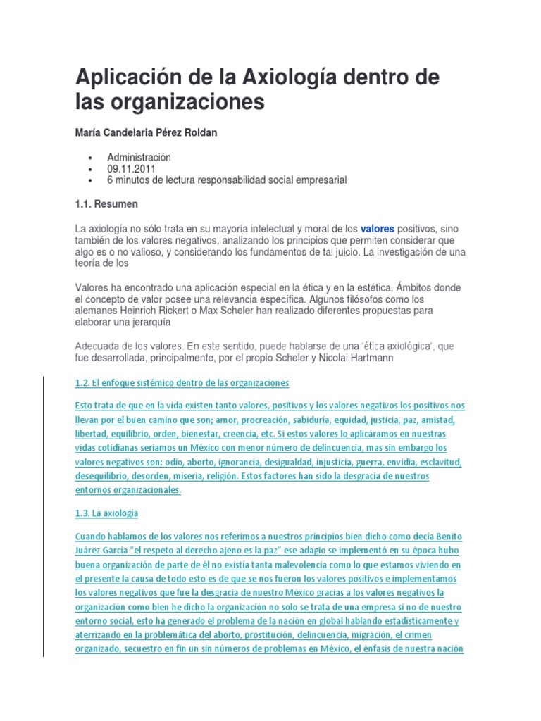 Aplicación de La Axiología Dentro de Las Organizaciones | PDF | Axiología | Liderazgo