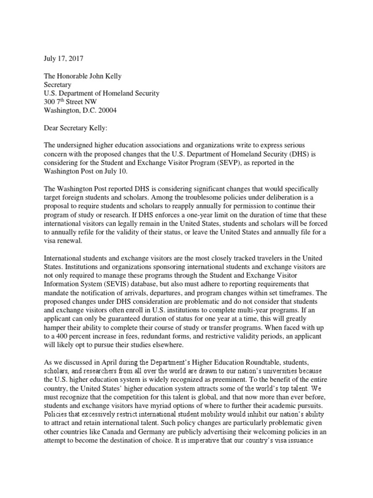 Letter to Homeland Security Secretary John Kelly | International ...