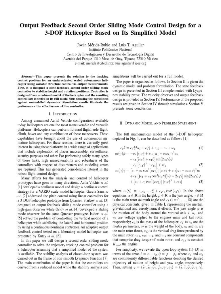 Output Feedback Second Order Sliding Mode Control Design for Height and Yaw Stabilization of a 3 ...