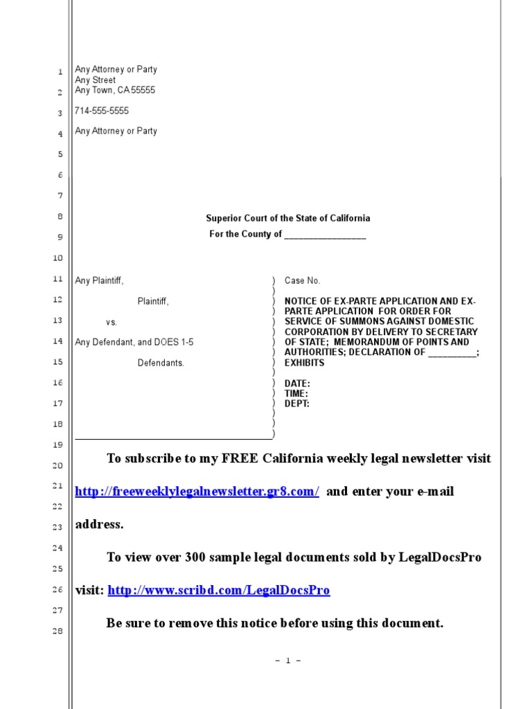 Sample Ex Parte Application To Serve California Corporation by ...