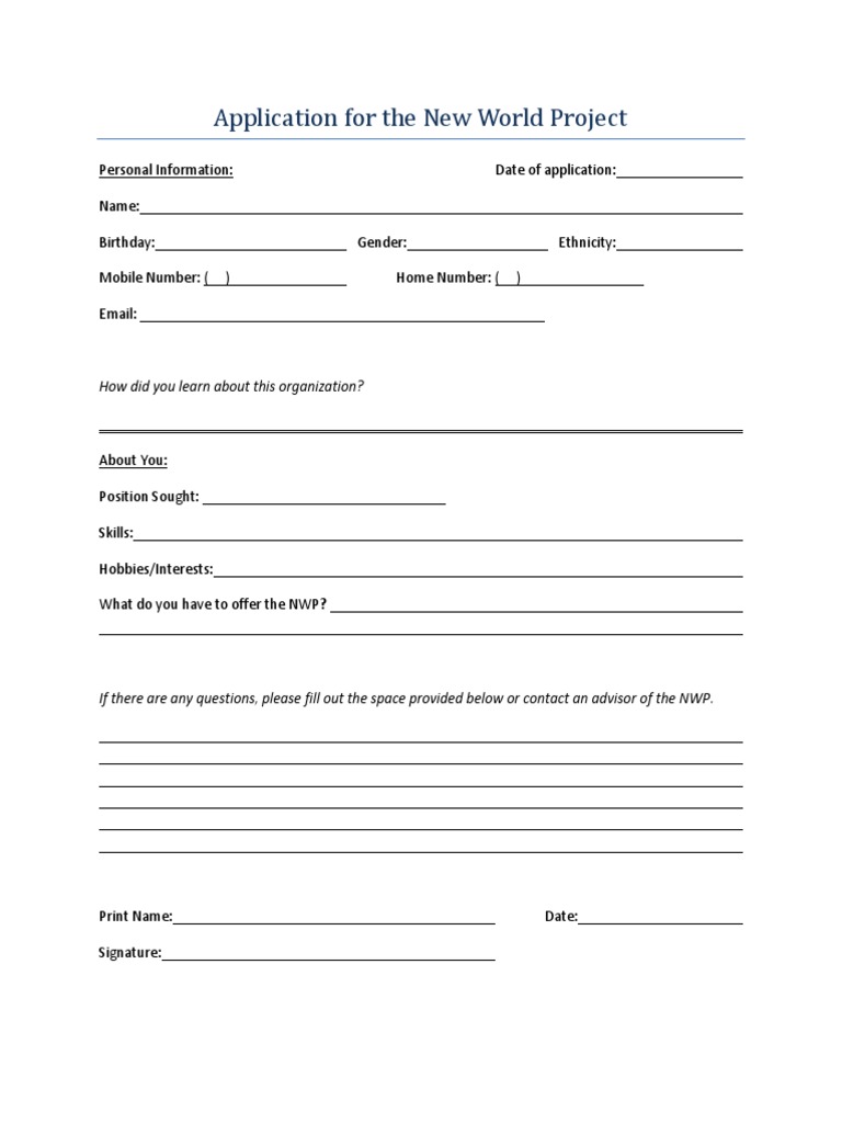 New World Project Application Form | PDF | Politics | Games & Activities