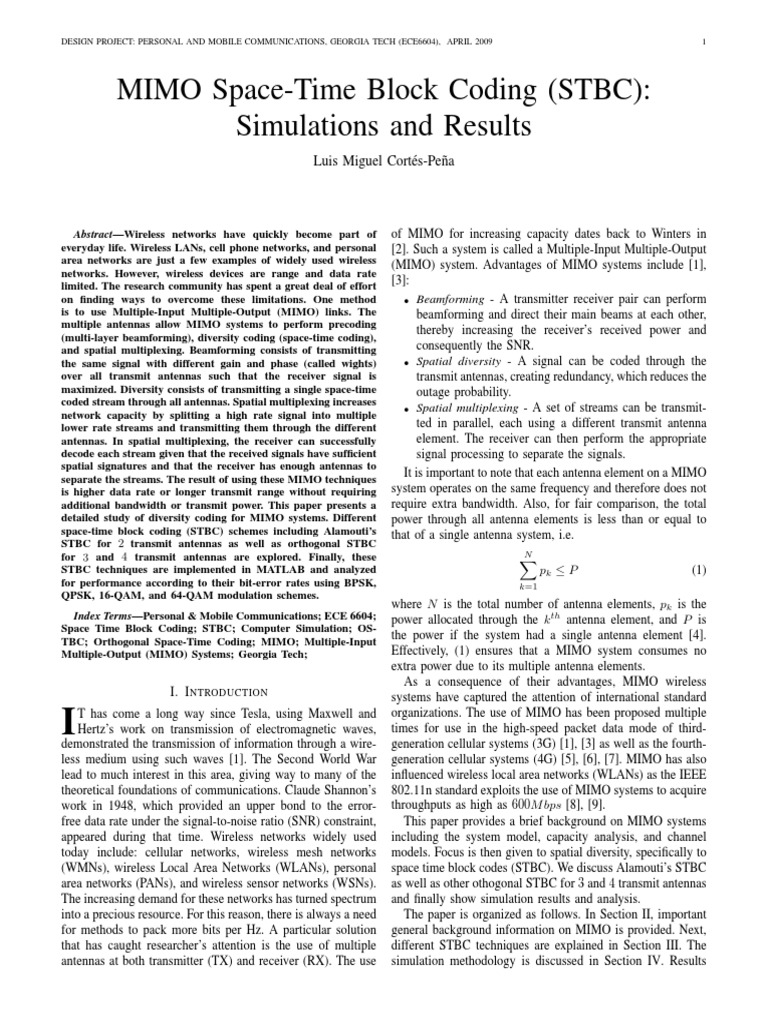 Mimo Space Time Block Coding Stbc Simulations And Results Pdf