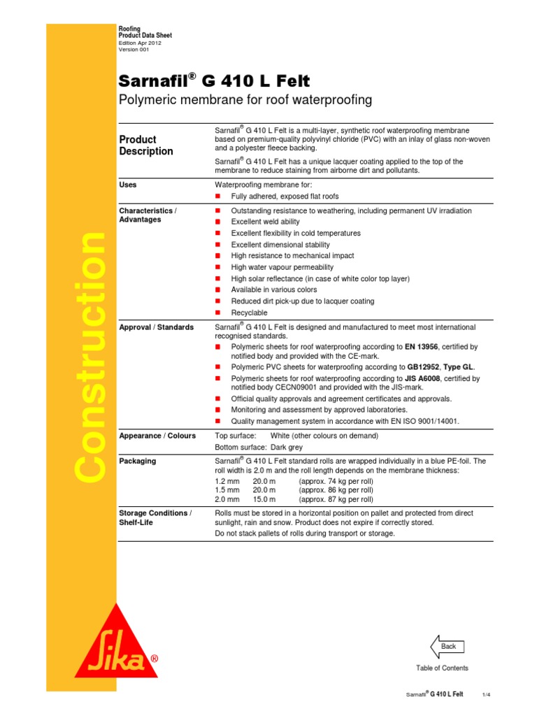 Sarnafil G 410 L Felt | PDF | Welding | Construction