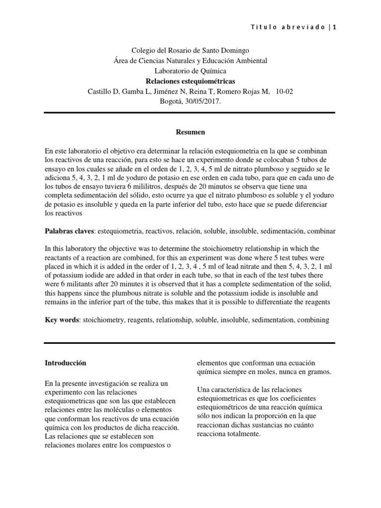 Indicaciones Presentación Informe De Laboratorio Pdf Reacciones