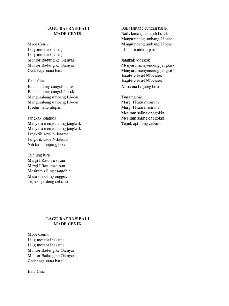 Lirik Lagu Daerah Bali Terpopuler | PDF