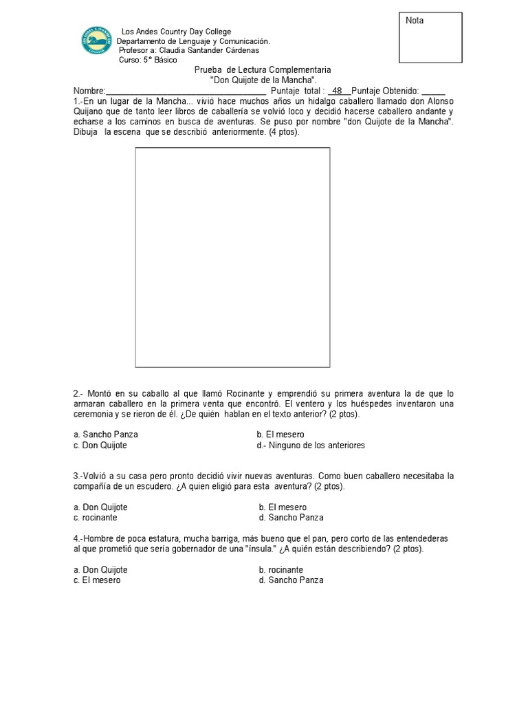 Prueba de Lectura Complementaria Don Quijote de La Mancha | PDF | Don ...