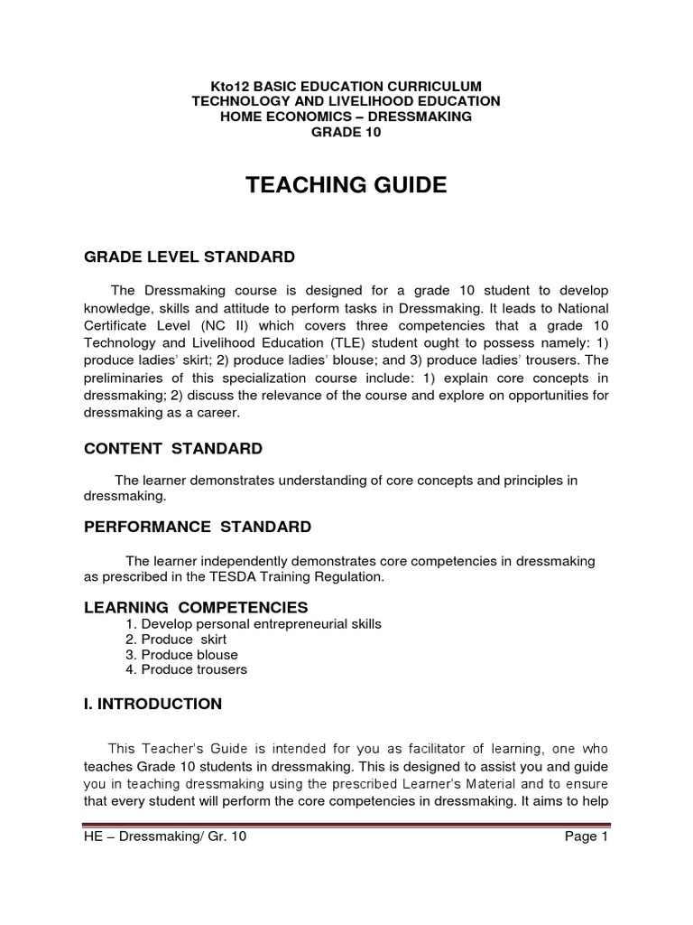 Grade 10 Dressmaking Teaching Guide | PDF | Seam (Sewing) | Educational ...