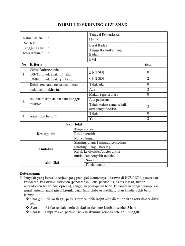 Formulir Skrining Gizi Anak