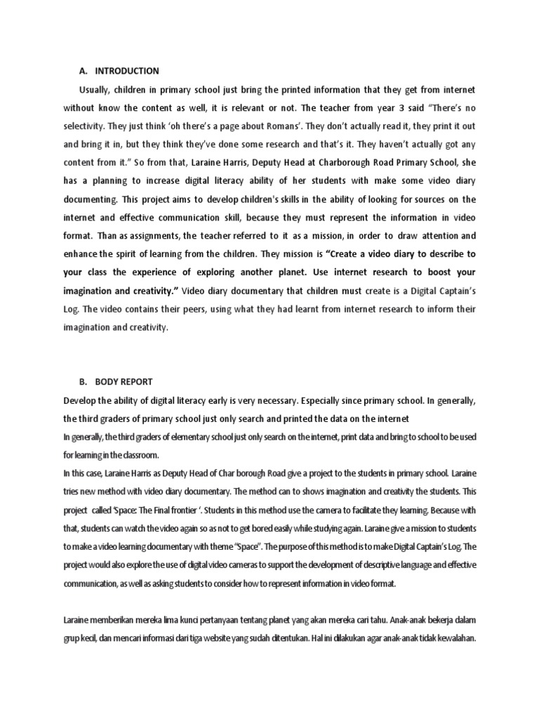A. Introduction: B. Body Report | PDF | Internet | Teachers