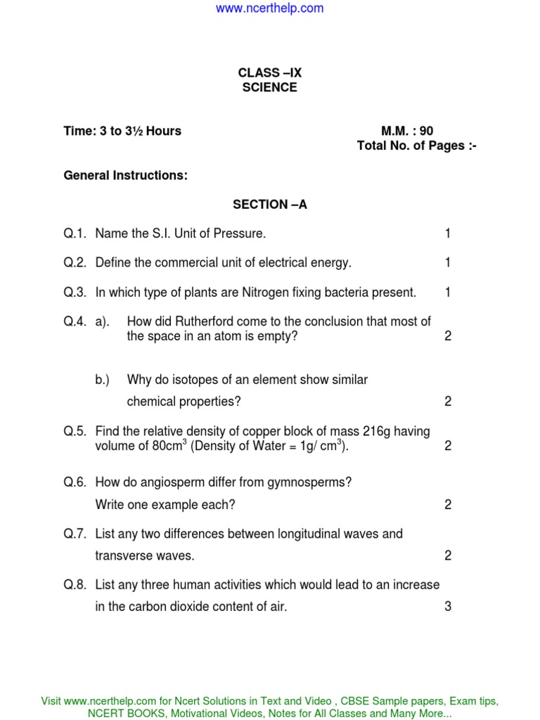 Class 9 Science Sample Paper 2023-24 | PDF | Mole (Unit) | Waves