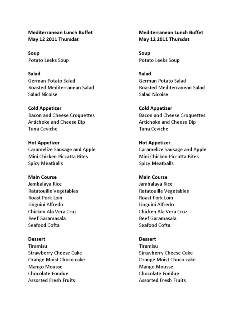Mediterranean Lunch Buffet Menu | PDF | Cooking, Food & Wine