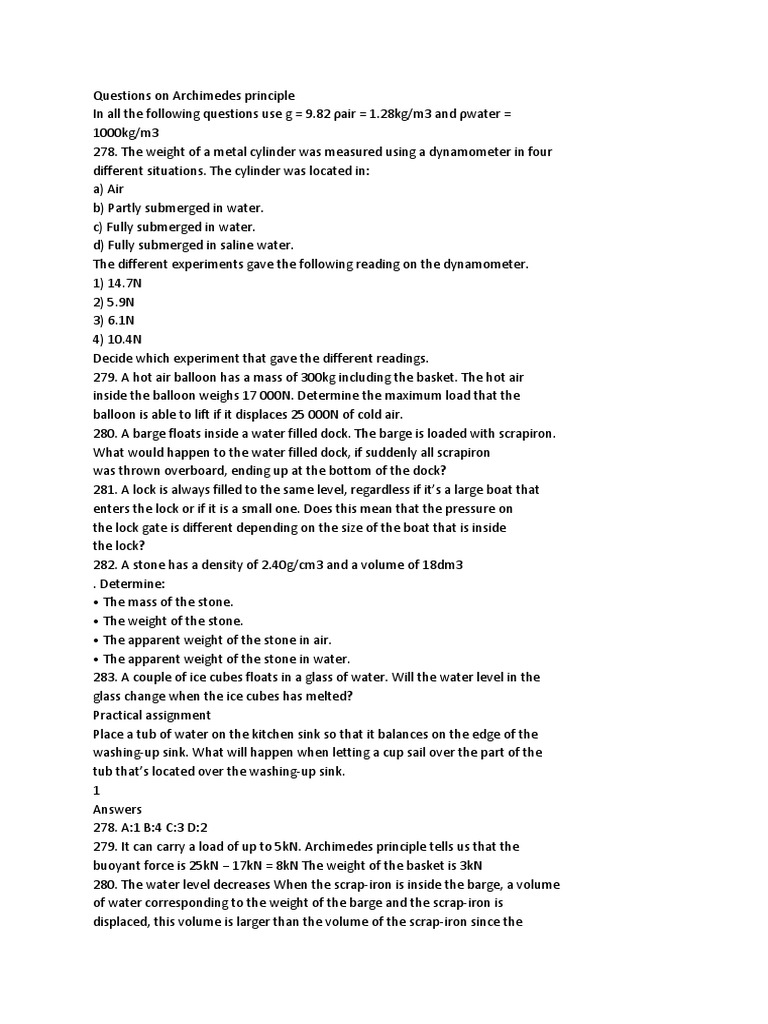 Questions On Archimedes Principle | PDF | Buoyancy | Density