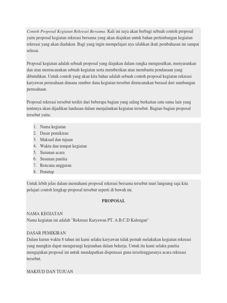 Contoh Proposal Kegiatan Rekreasi Bersama | PDF
