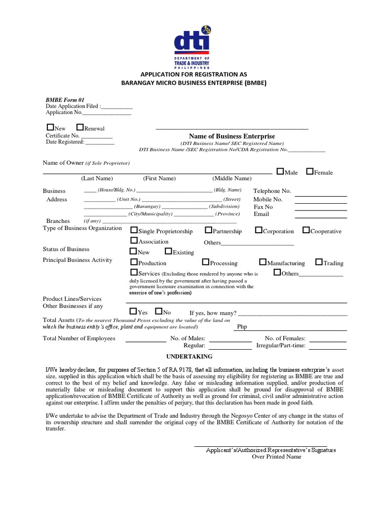 BMBE Form 01_BMBE Application Form | Sole Proprietorship | Licensure