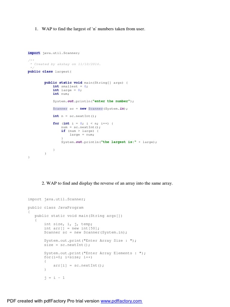 WAP To Find The Largest of N' Numbers Taken From User.: Import | PDF | Array Data Structure ...