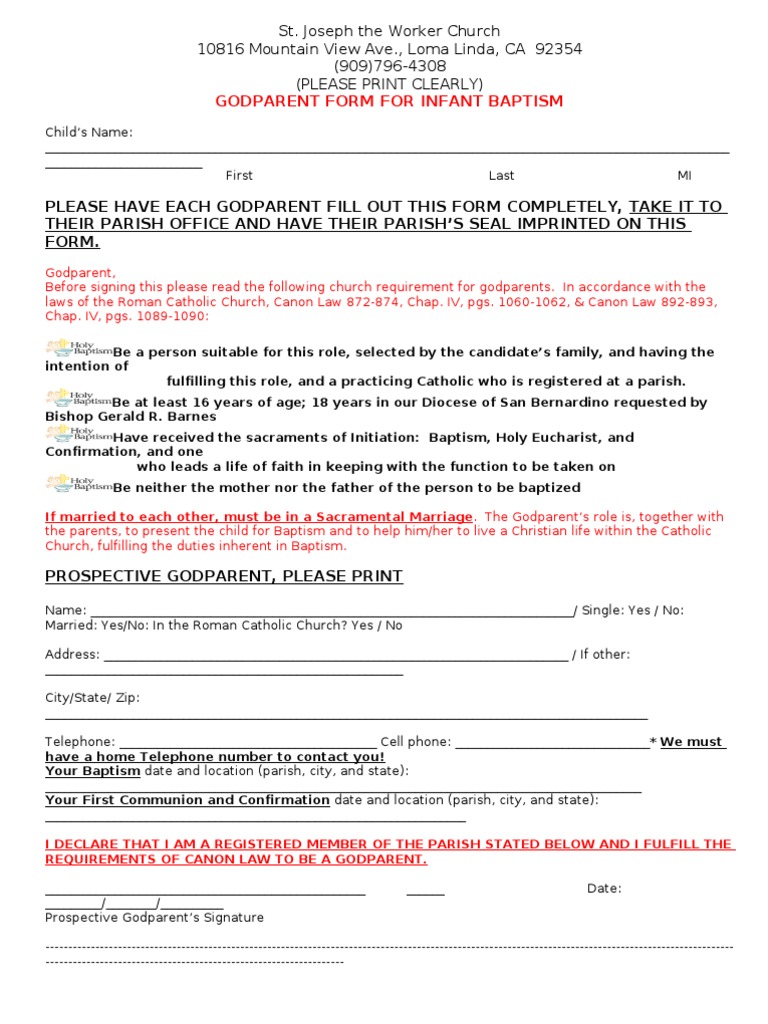 Godparent Form For Baptism | PDF | Godparent | Baptism
