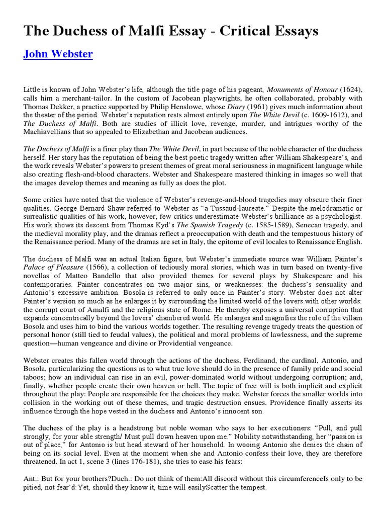 The Duchess of Malfi Essay - Critical Essays: John Webster | PDF ...