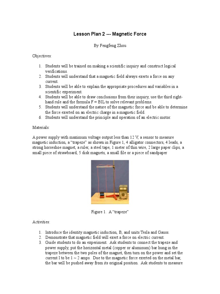 Magnetic Force Lesson Plan | PDF | Magnetic Field | Electric Motor