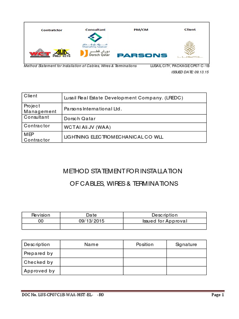 Method Statement For Installation of Cables, Wires & Termination ...
