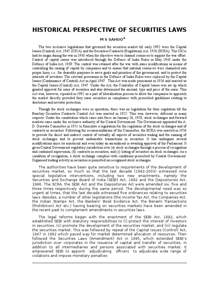 Historical Perspective of Securities Laws | PDF | Securities Regulation ...