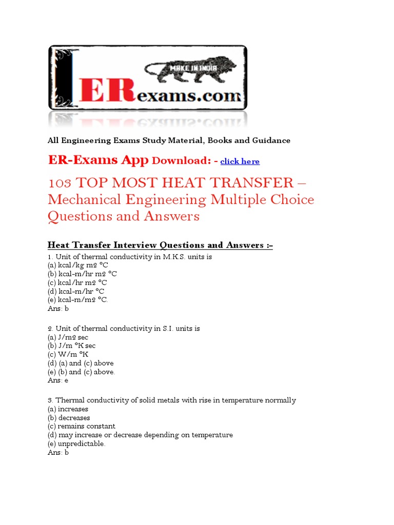 103 Top Most Heat Transfer - Mechanical Engineering Multiple Choice ...