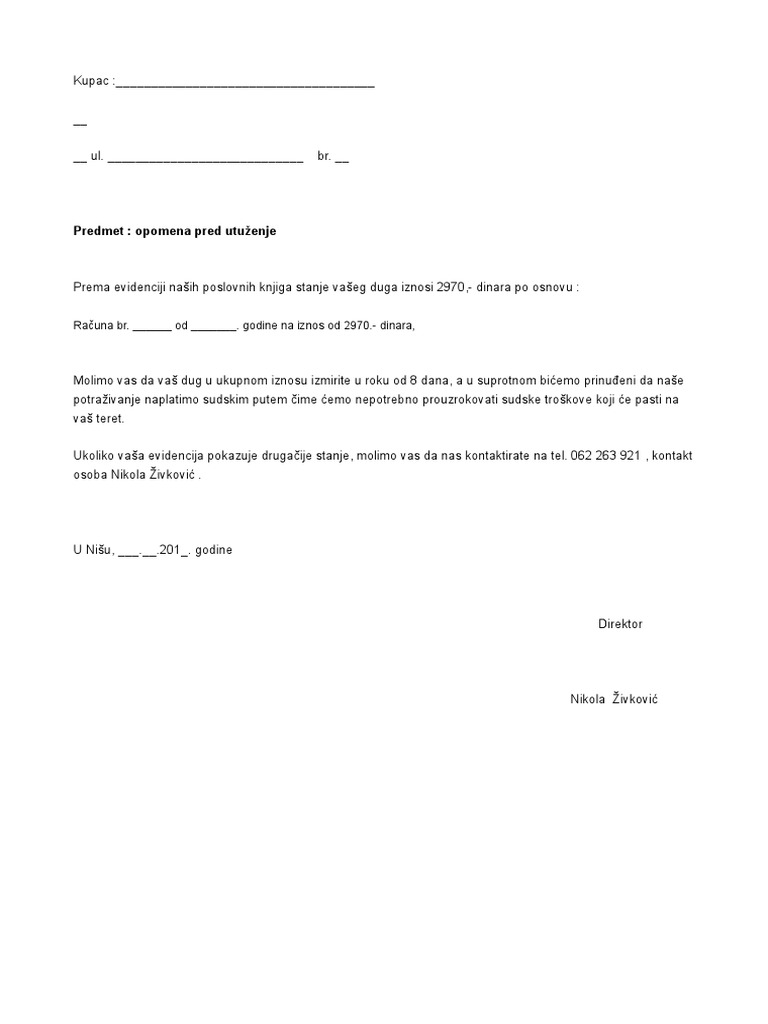 Opomena Pred Utuženje primer. | PDF