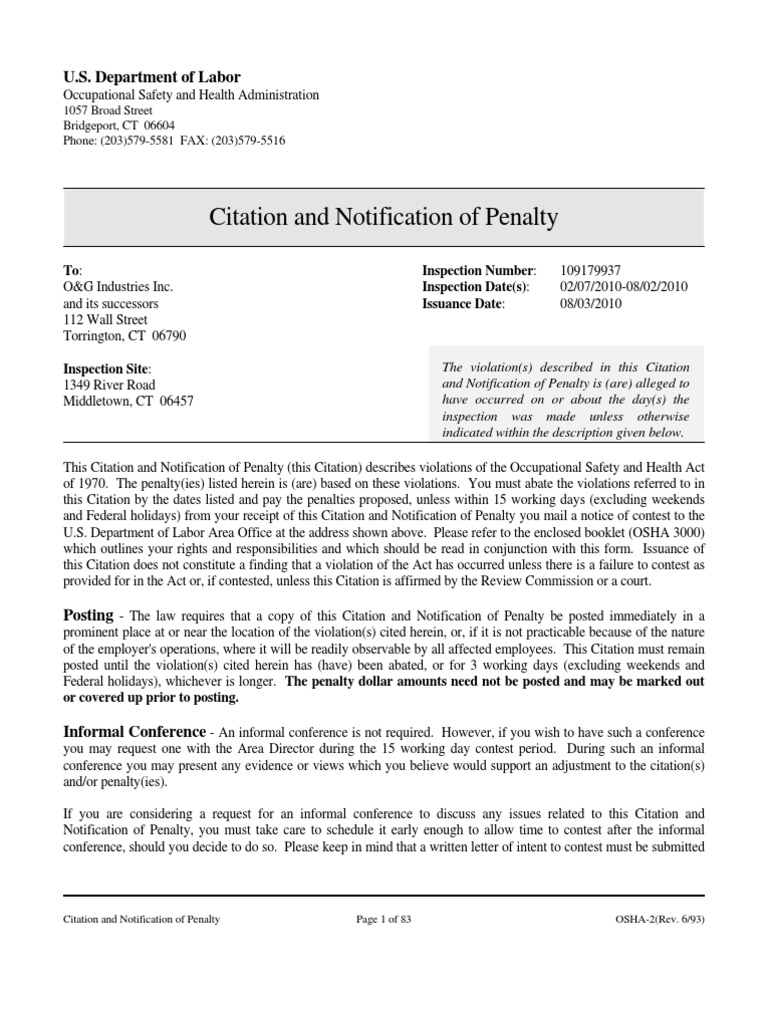 OSHA Citation for O&G Industries | PDF | Occupational Safety And Health ...