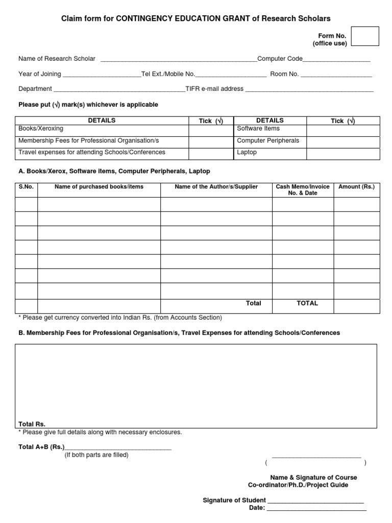 Claim Form For CONTINGENCY EDUCATION GRANT of Research Scholars | PDF