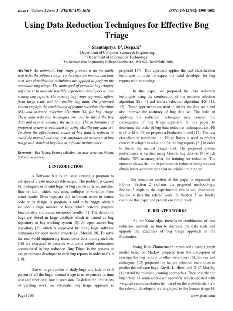 Using Data Reduction Techniques For Effective Bug Triage: Shanthipriya. D, Deepa.K | PDF ...