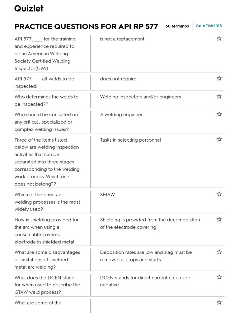 Practice Questions For Api RP 577: 60 Términos | PDF | Welding | Construction