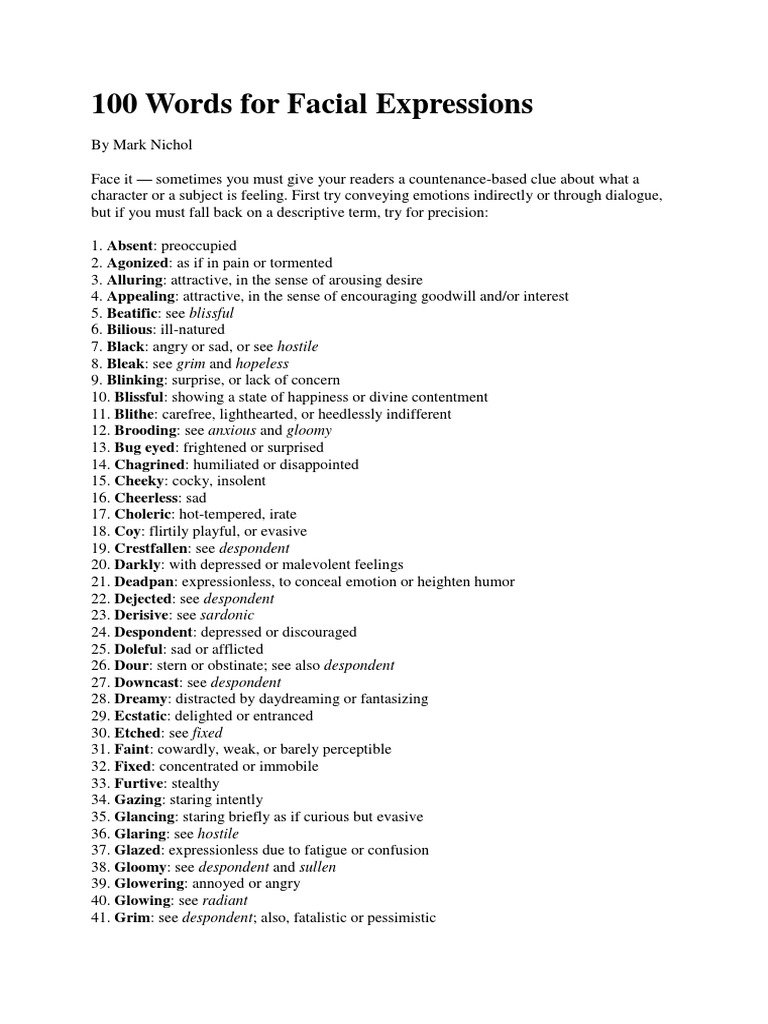 100 Words For Facial Expressions | Download Free PDF | Emotions | Emergence