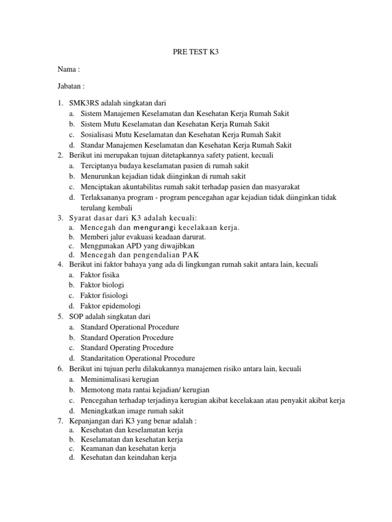 Pre Test K3 | PDF