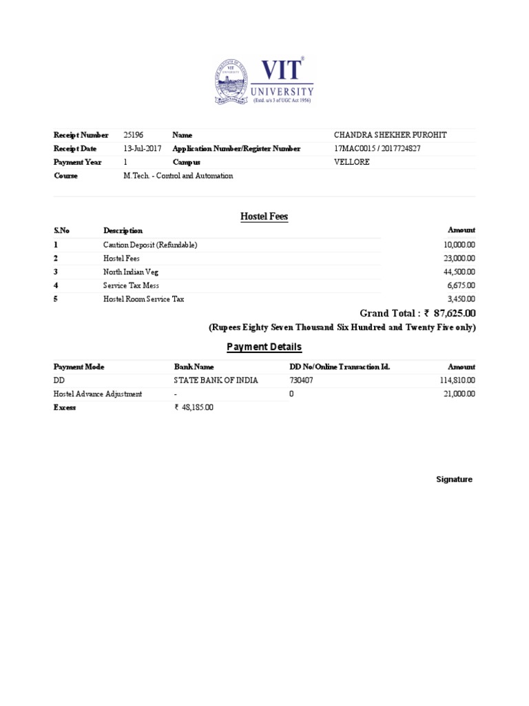 Hostel Fees: Grand Total: 87,625.00 | PDF | Receipt | Service Industries
