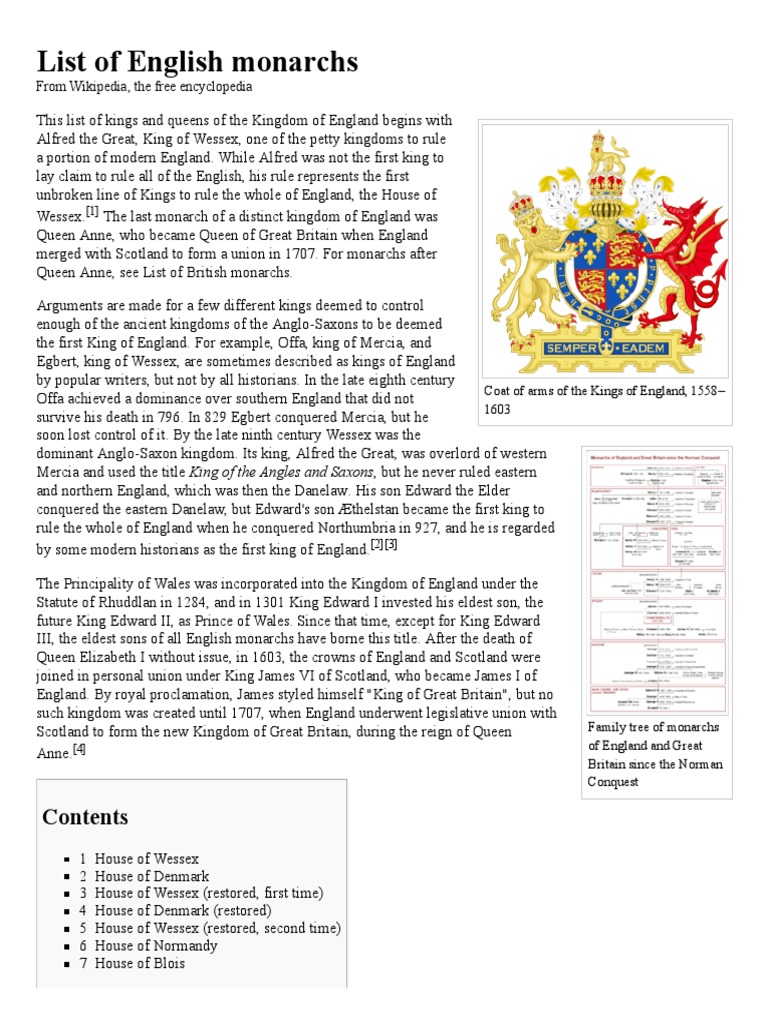 List of English Monarchs | PDF | House Of Plantagenet | William The ...