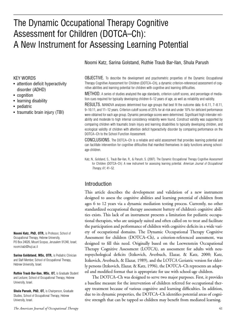 The Dynamic Occupational Therapy Cognitive Assessment For Children ...
