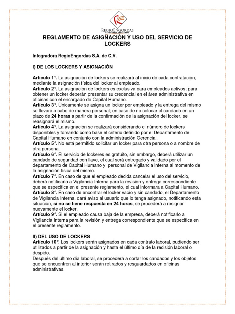 Reglamento de Asignación y Uso Del Servicio de Lockers | PDF | Negocios (general) | Business