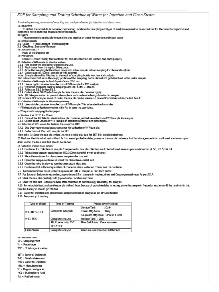 SOP For Sampling and Testing Schedule of Water For Injection and Clean ...