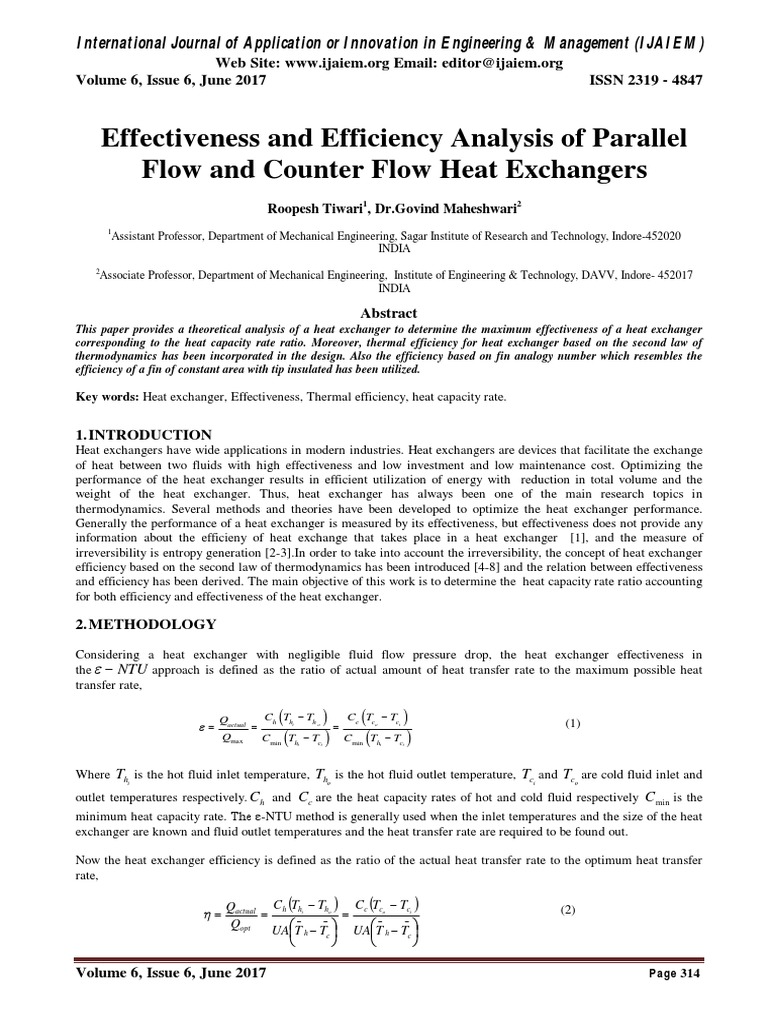 Effectiveness and Efficiency Analysis of Parallel Flow and Counter Flow Heat Exchangers | PDF ...