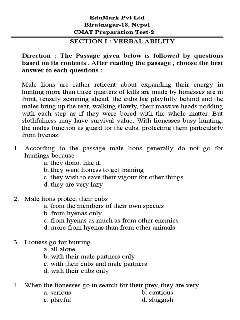 CMAT Exam Model Questions and Answers | PDF | Lion | Supernova