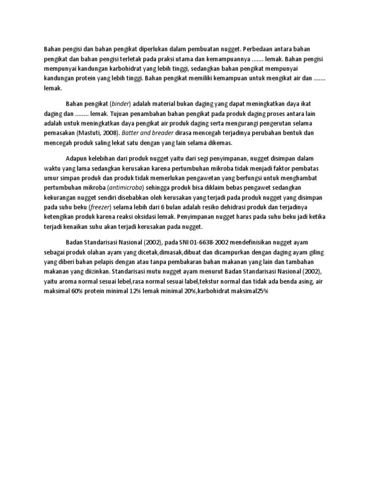 Bahan Pengisi Dan Bahan Pengikat Diperlukan Dalam Pembuatan Nugget | PDF