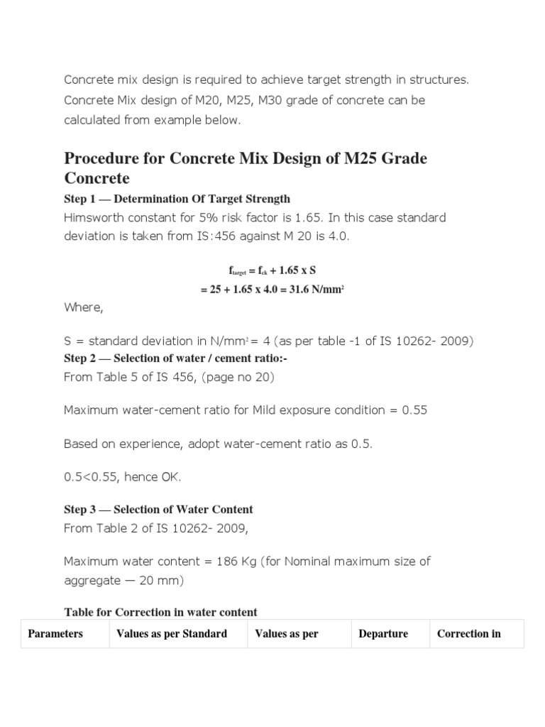 Procedure For Concrete Mix Design of M25 Grade Concrete | PDF ...