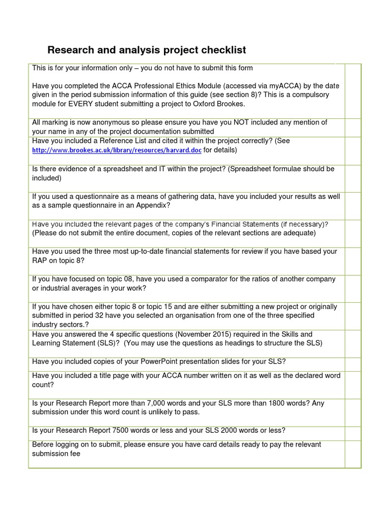 Research and Analysis Project Checklist | PDF | Spreadsheet | Science