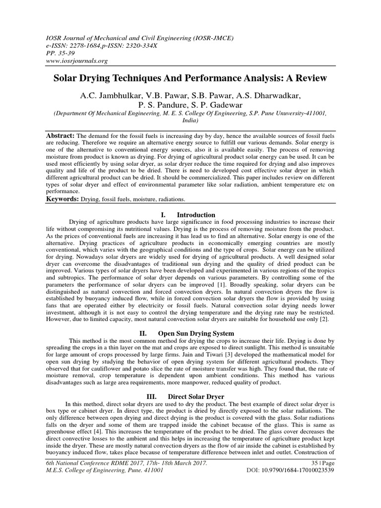 Solar Drying Techniques and Performance Analysis: A Review | PDF ...