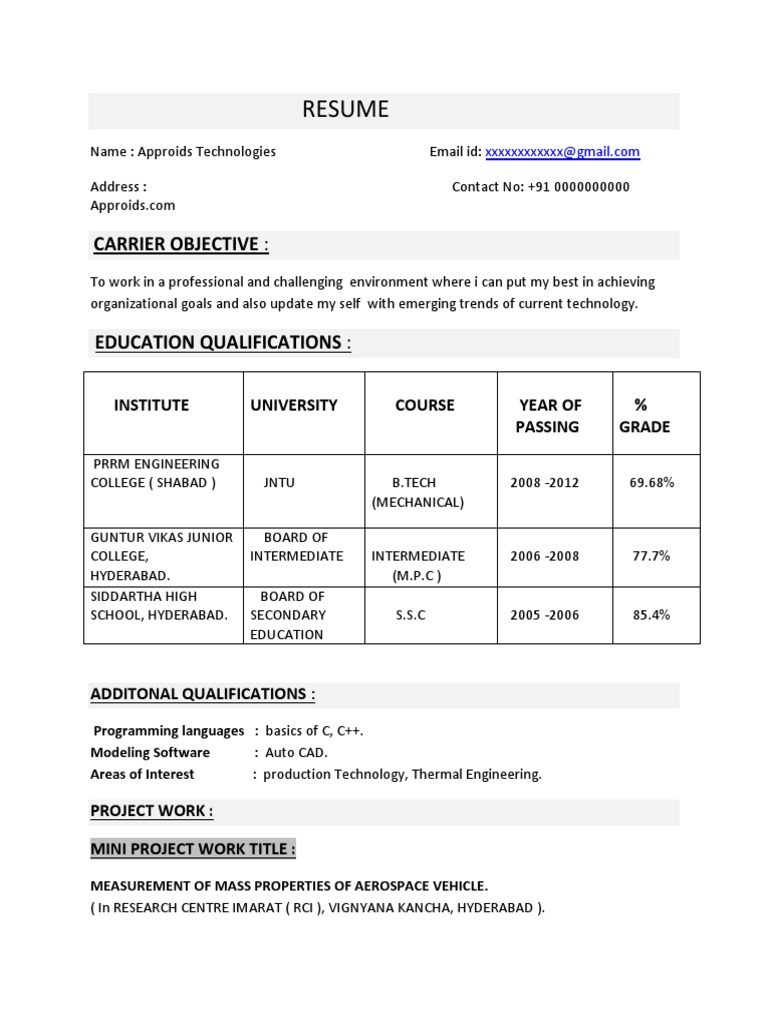 Resume: Carrier Objective | Engineering | Mass