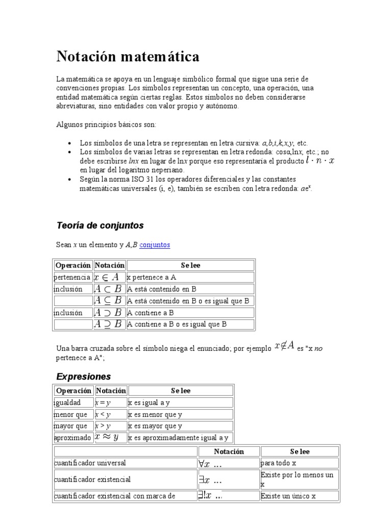Notación Matemática | PDF | Notación Matemática | Conceptos matemáticos