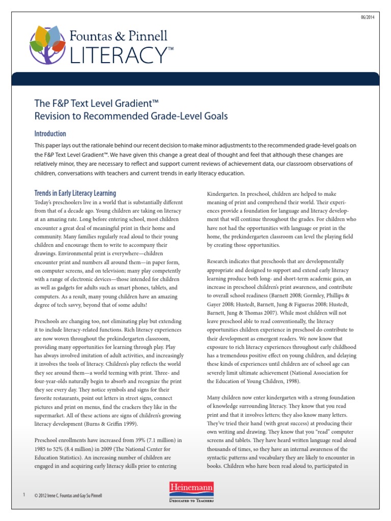 F&P Updated Levels by Grade - UPDATED | PDF | Literacy | Reading (Process)