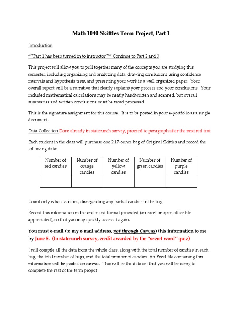 Math 1040 Term Project - Skittles 2 | PDF | Statistical Hypothesis ...
