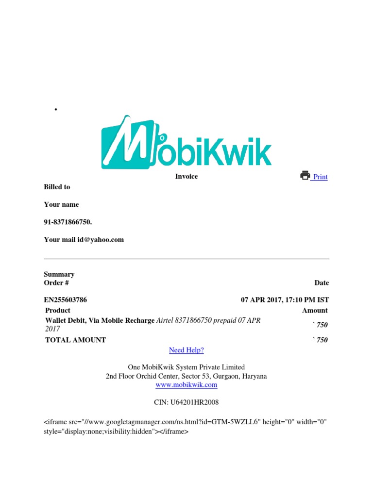 Invoice Billed To Your Name 91-8371866750.: Print | PDF