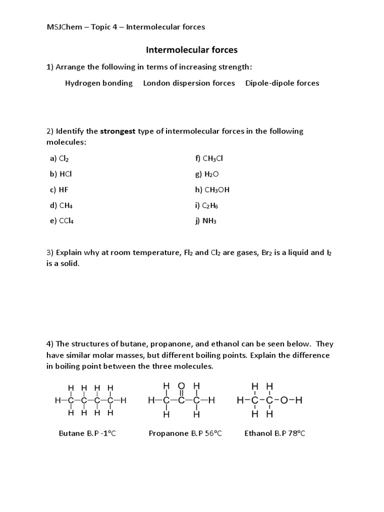 Topic 4 Intermolecular Forces | PDF | Intermolecular Force | Chemical ...